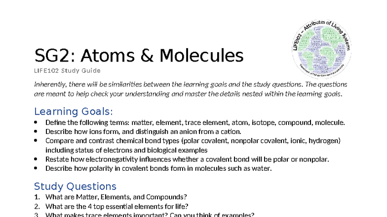SG2: LIFE102 Final Exam Study Guide on Atoms & Molecules - Studocu