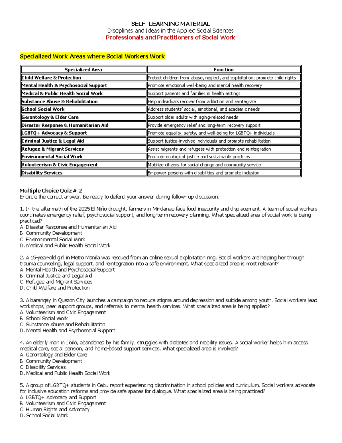 SLM Diass 2 - Specialized Areas in Social Work Quiz - Studocu