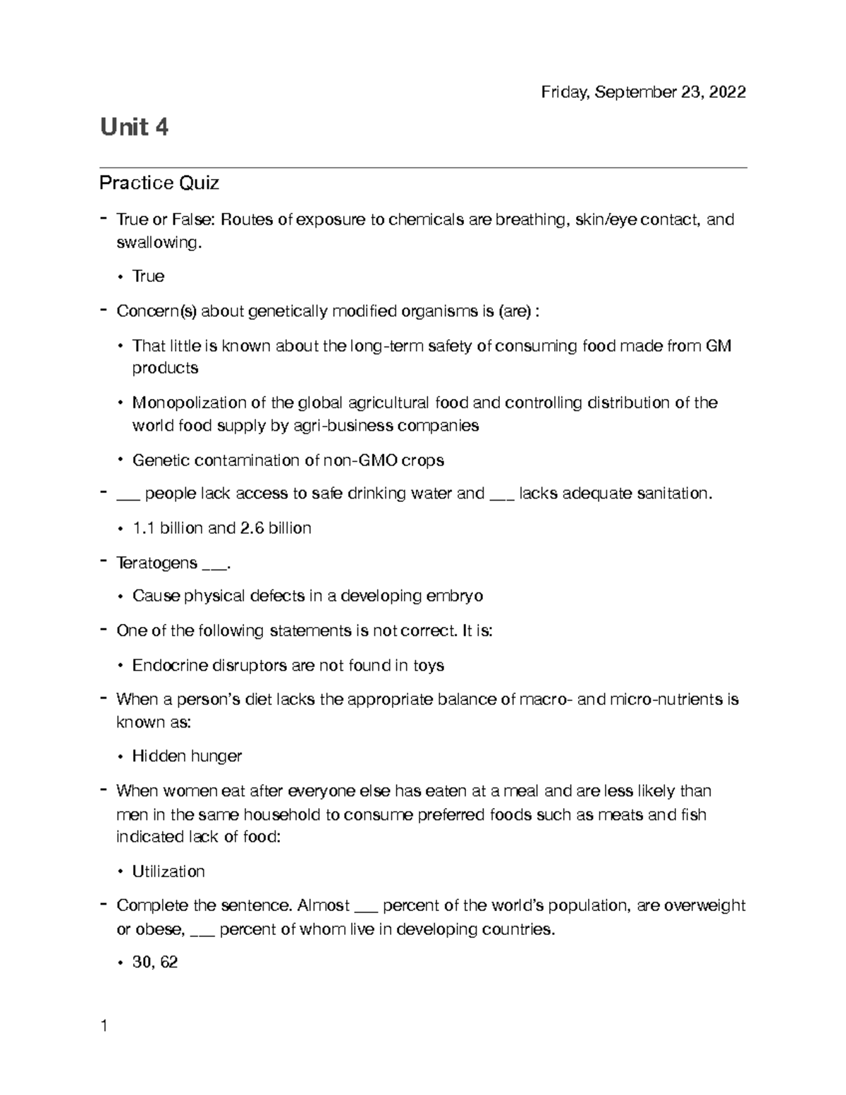 Unit 4 Practice Quiz - Friday, September 23, 2022 Unit 4 Practice Quiz ...