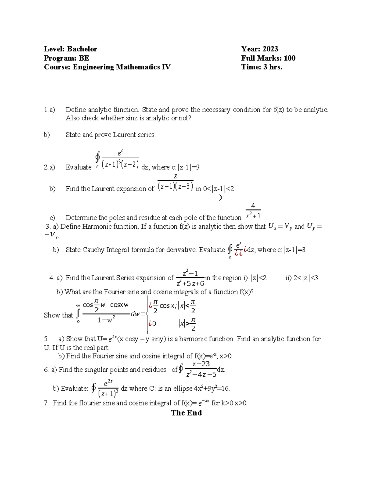 Engineering Mathematics IV - 2023 Final Exam Question Paper - Studocu