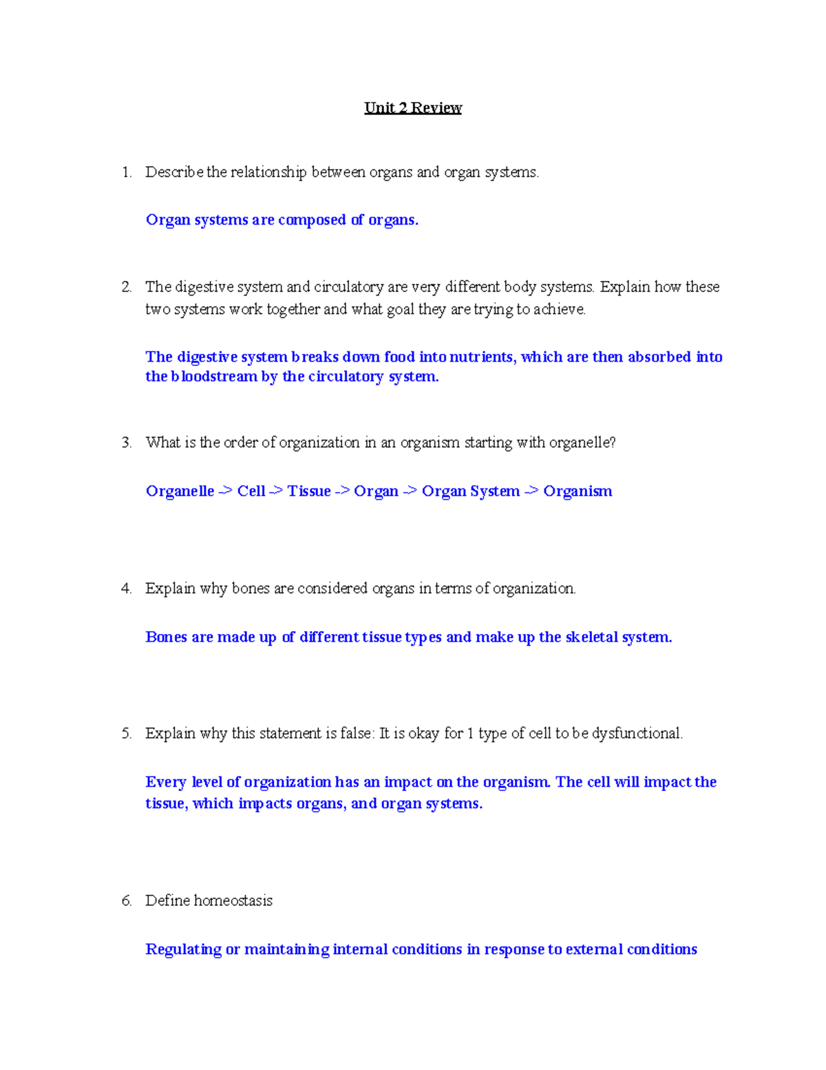 Unit 2 Study Guide - Relationships, Homeostasis, and Cell Functions ...