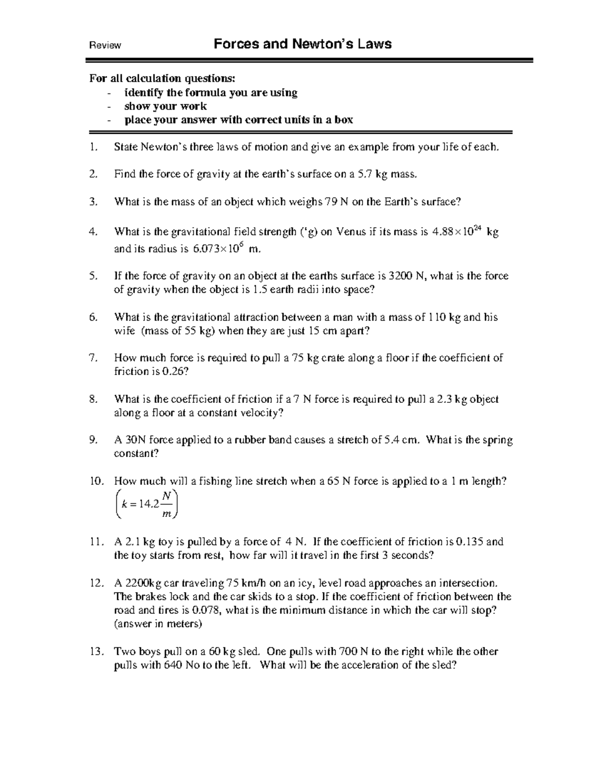 Chapter Review: Forces and Laws of Motion Calculations - Studocu
