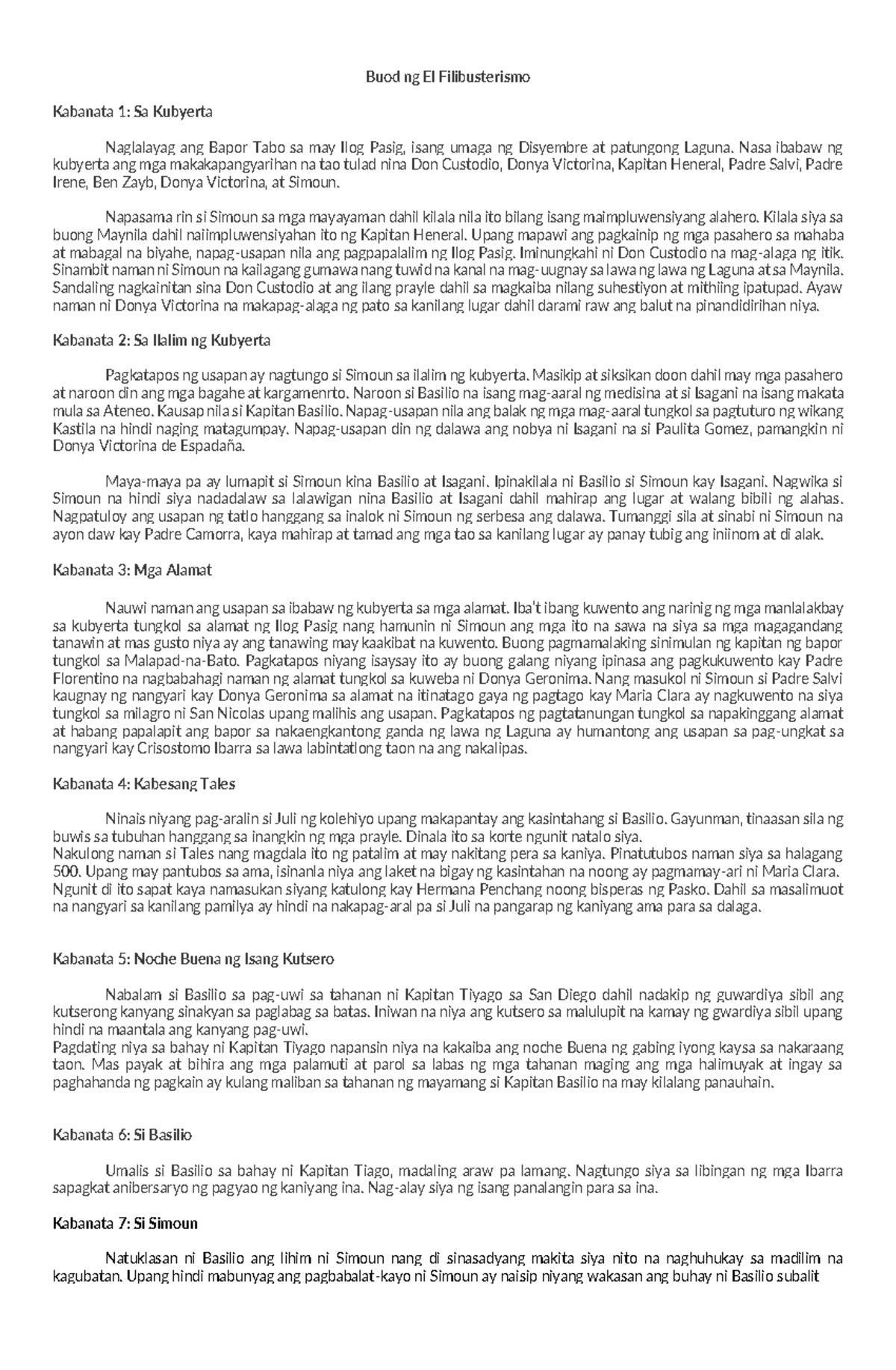 Buod ng El Filibusterismo: Kabanata 1-22 (Tagalog) - Studocu