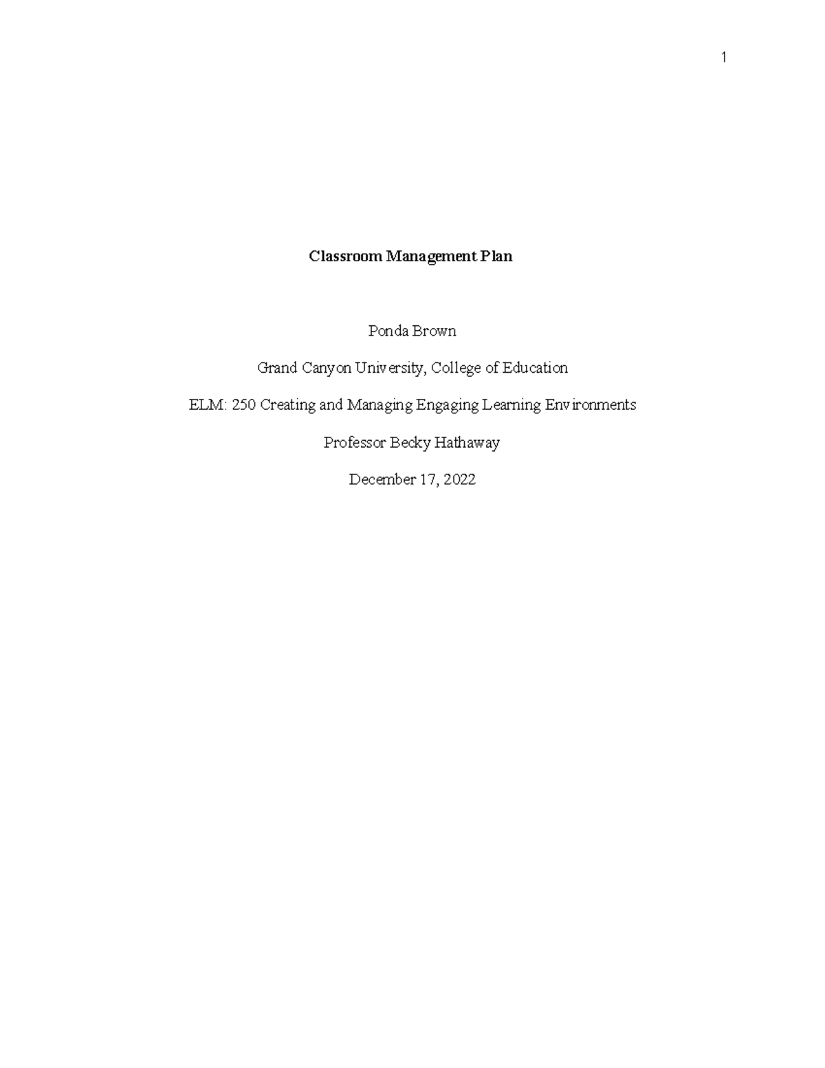 Classroom Management Plan Draft for ELM 250: Sections 1-3 Overview ...