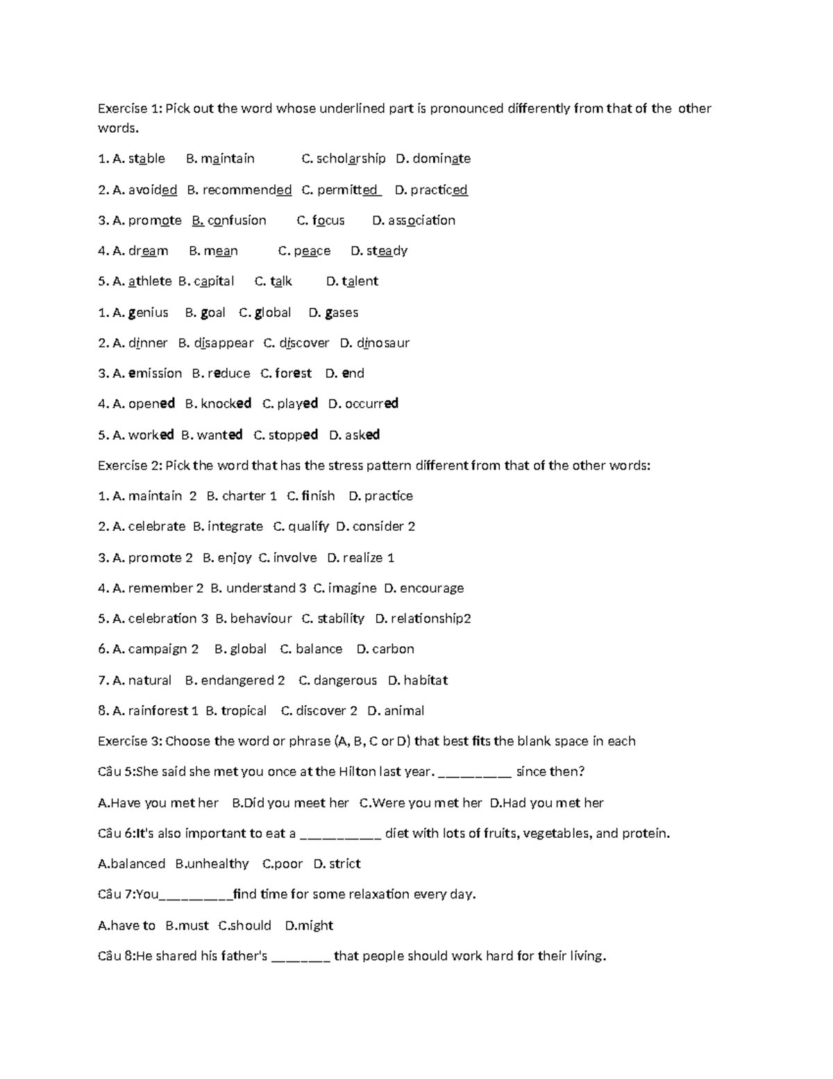 Exercise 1-3: Pronunciation & Stress Patterns Practice for ESL Students ...