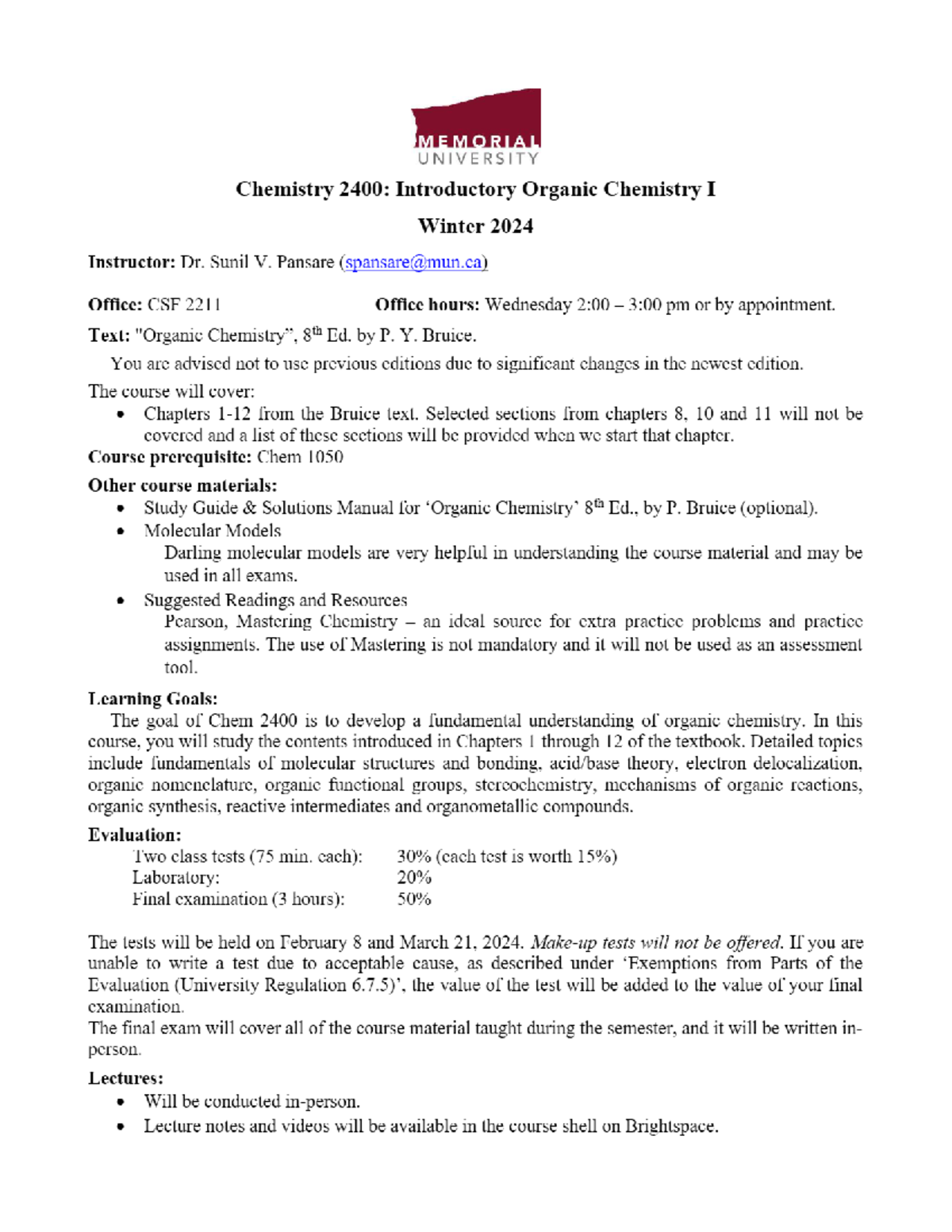 CHEM-2400 Winter 2024: Intro Organic Chemistry I Syllabus Overview ...