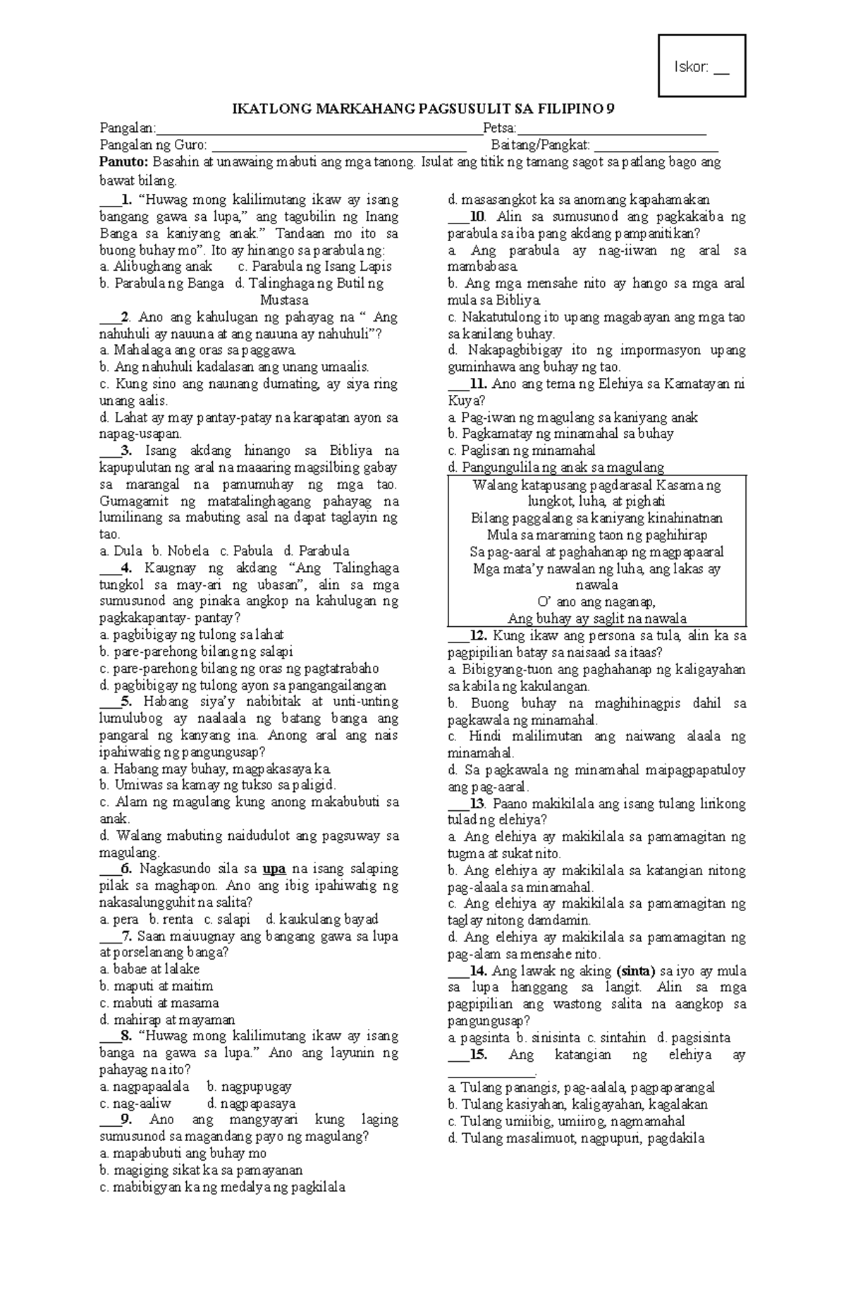 Filipino 9 Ikatlong Markahang Pagsusulit at Key ng Mga Sagot - Studocu