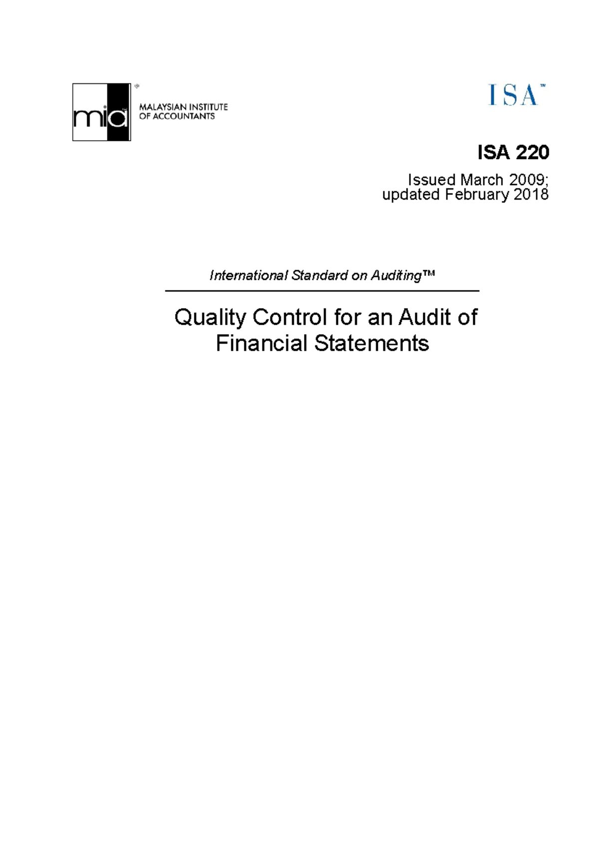MIA ISA 220: Quality Control for Audits of Financial Statements - Studocu