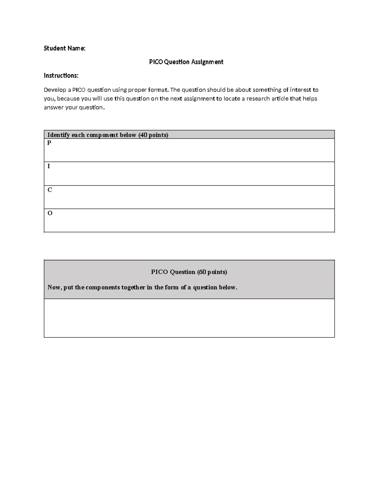 PICO Question Template -2 - NURS 3510 - Student Name: PICO Question ...