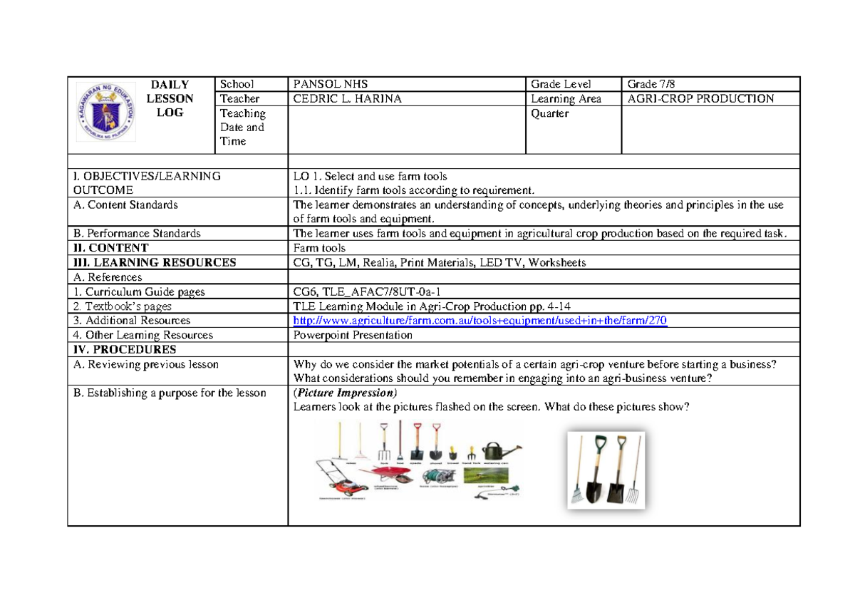 AGRI-CROP Production- LO1-LO3 - DAILY LESSON LOG School PANSOL NHS ...