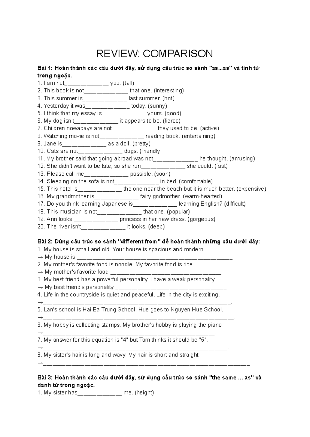 REVIEW: COMPARISON Exercises on Comparative Structures and Adjectives ...