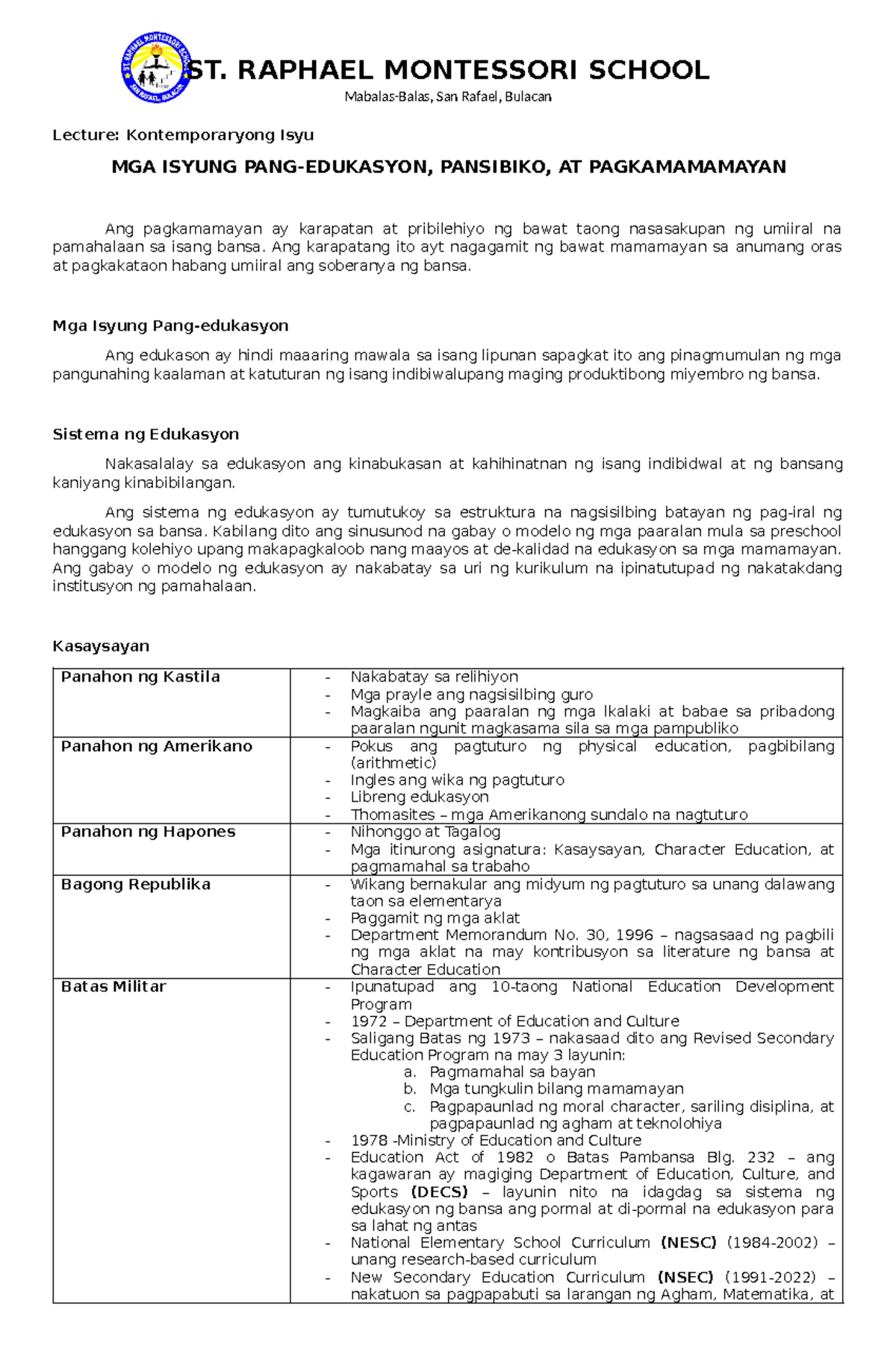 AP 10 Q4 Lecture 1 - Summary Bachelor of Elementary Education - ST ...
