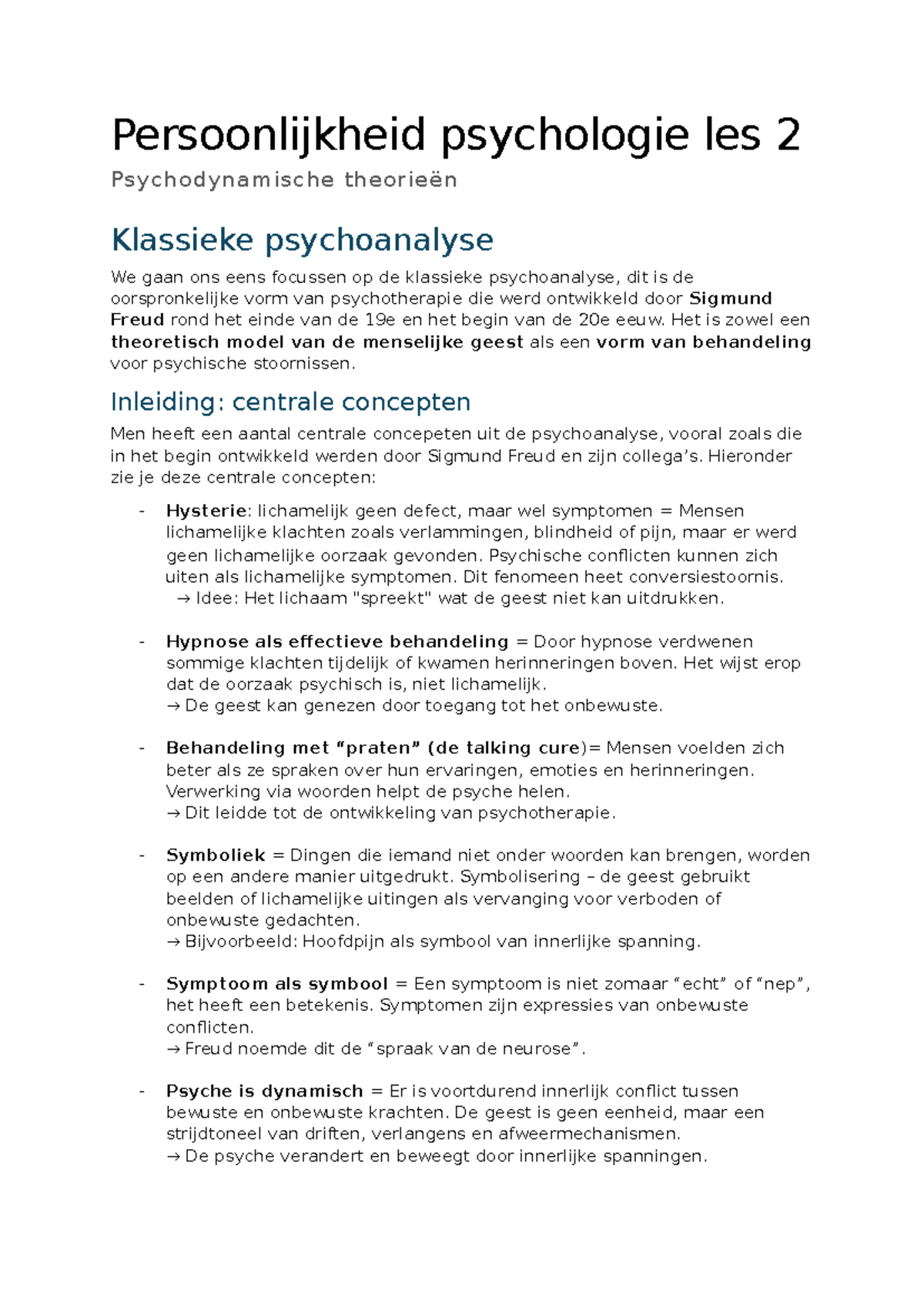Persoonlijkheidspsychologie Les 2: Psychodynamische Theorieën en Freud ...