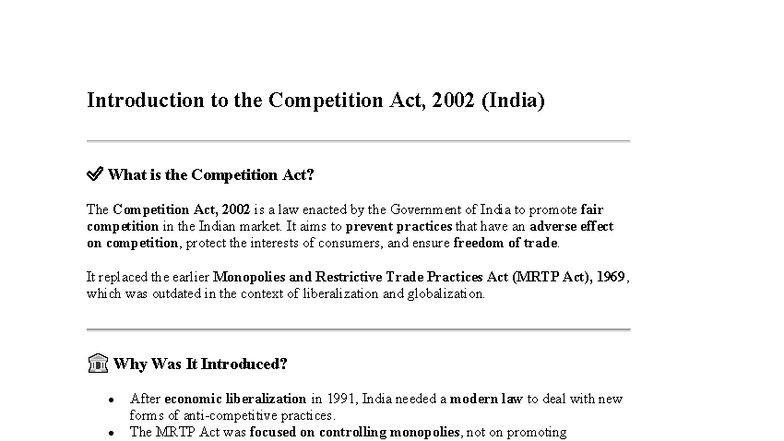 Competition Act, 2002 - Comprehensive Study Notes - Studocu