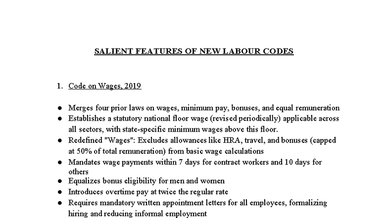 Salient Features of New Labour Codes: Key Highlights and Impacts - Studocu