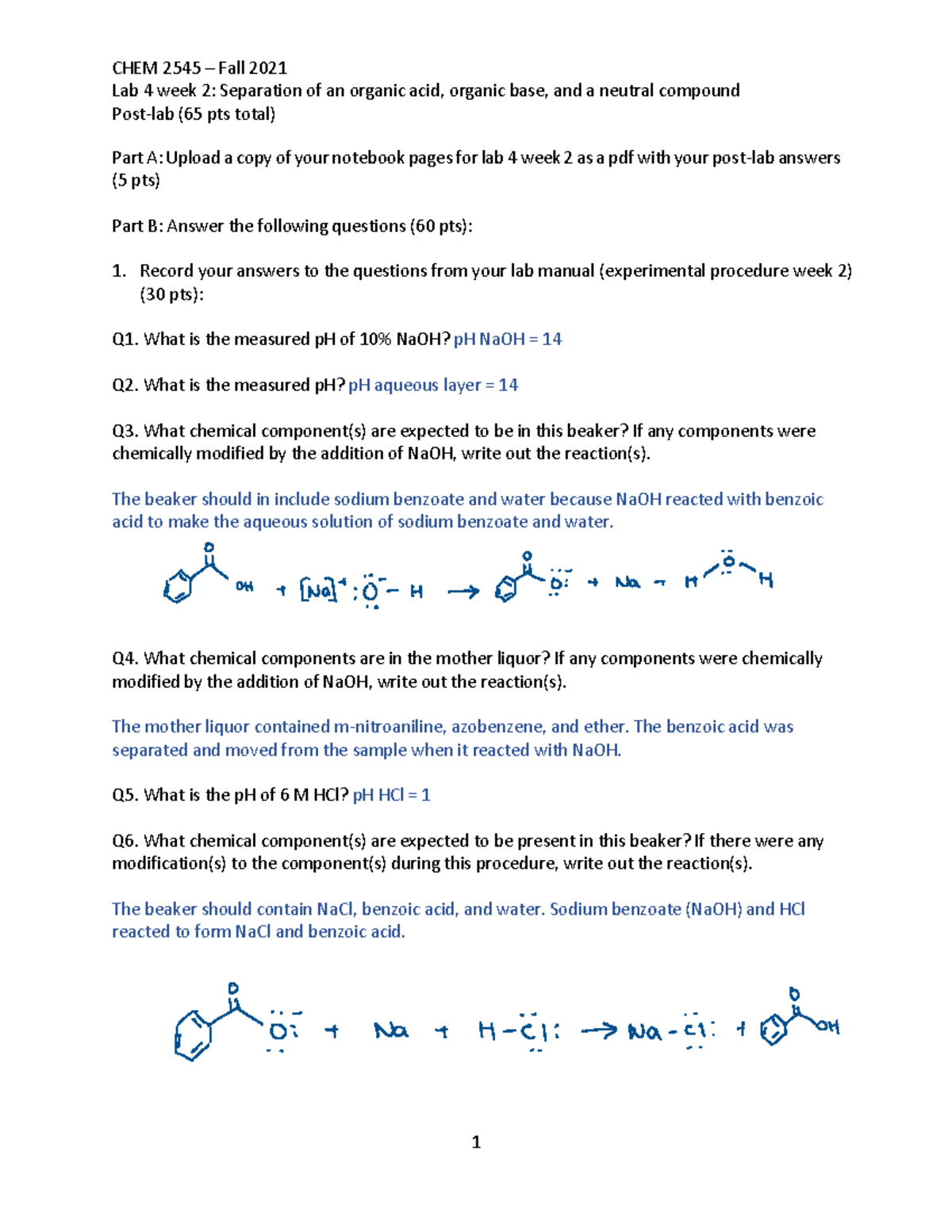 Lab 4 Post-Lab: Separation of Organic Acids, Bases & Neutral Compounds ...