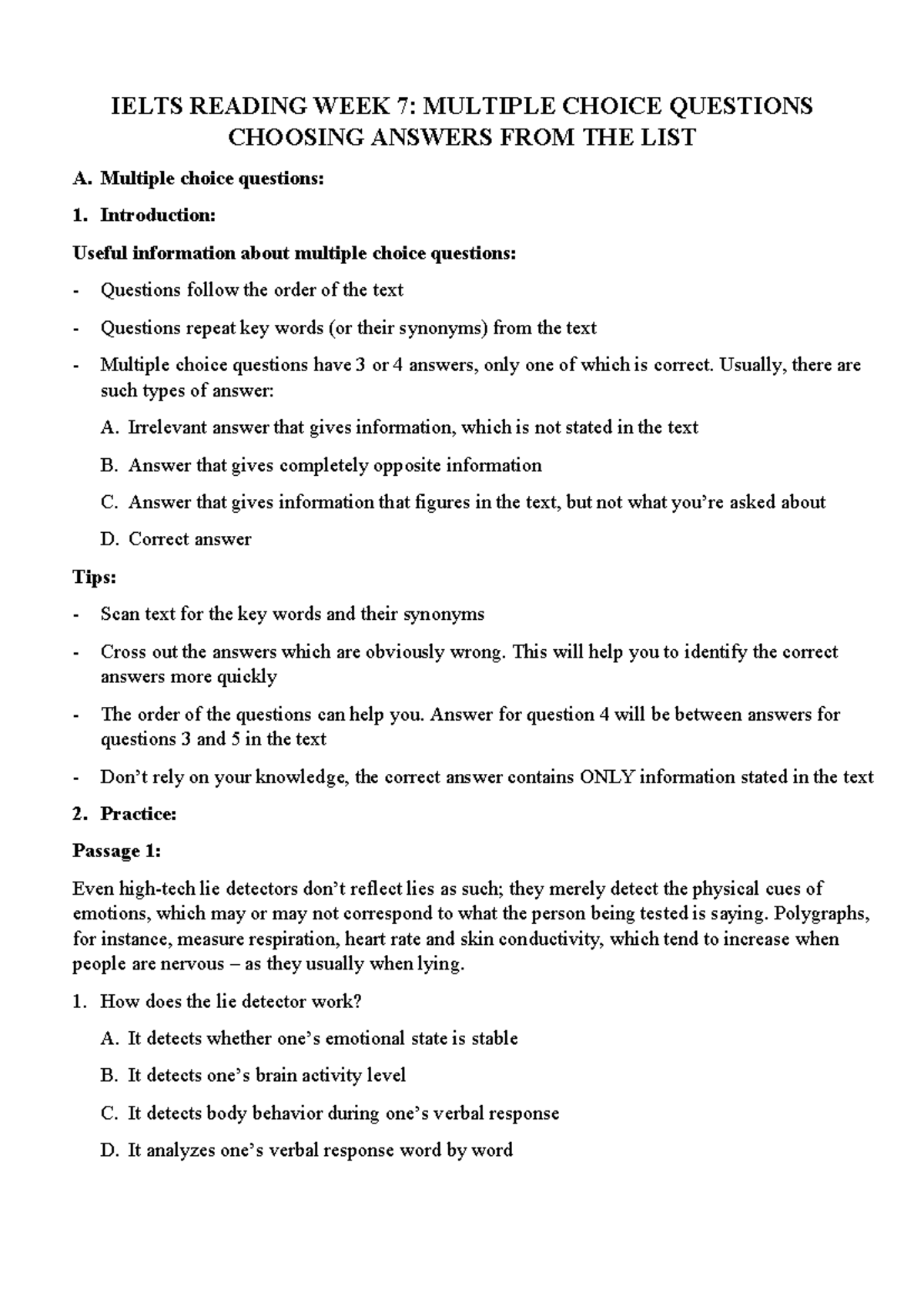 Ielts Reading WEEK 7 - IELTS READING WEEK 7: MULTIPLE CHOICE QUESTIONS ...