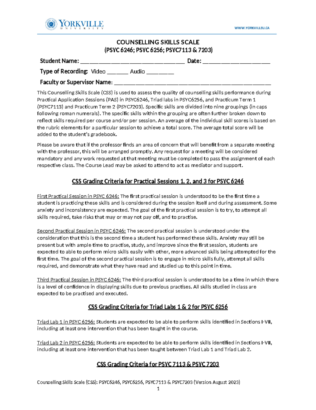 Counselling Skills Scale (CSS) Assessment: PSYC 6246, 6256, 7113 & 7203 ...