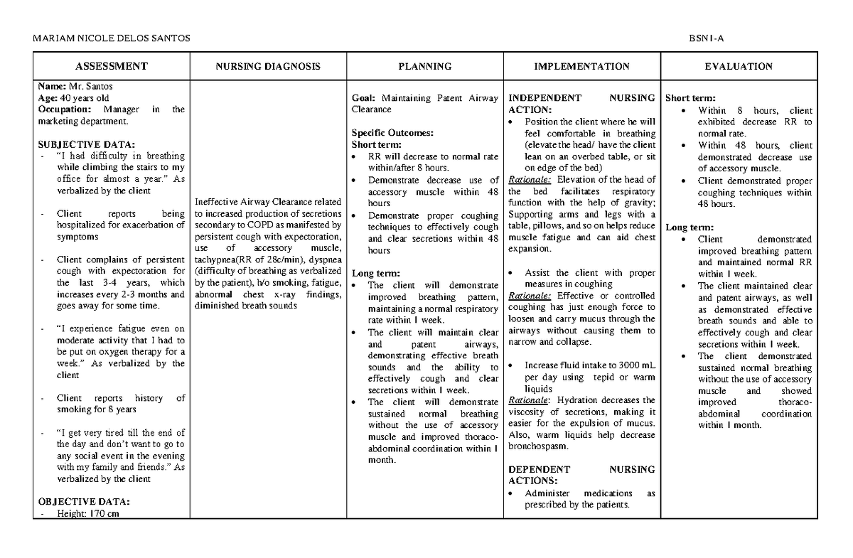 NURSING CARE PLAN for COPD Management: Assessment & Interventions - Studocu