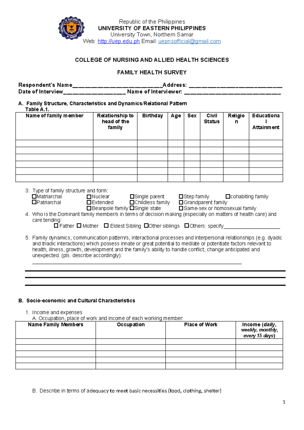 Family Health Survey Form - UEP Nursing Program - Studocu