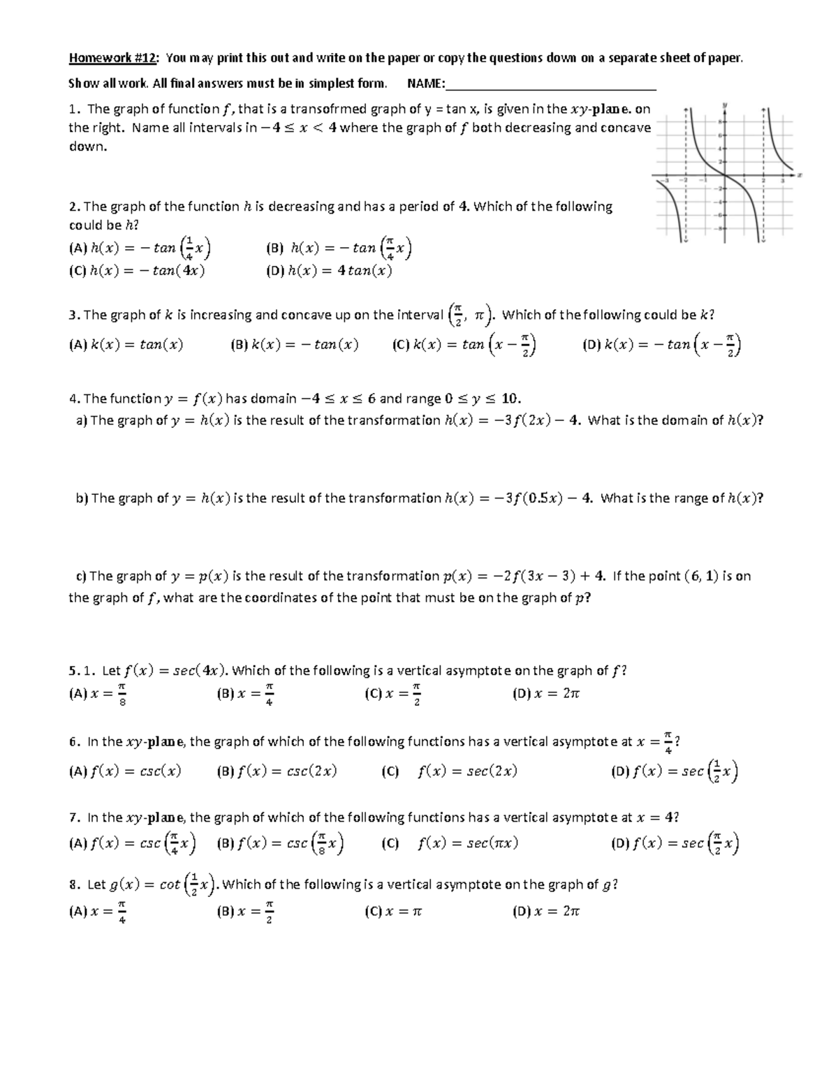 HW12: Homework on Reciprocal Trig Graphs and Transformations - Studocu