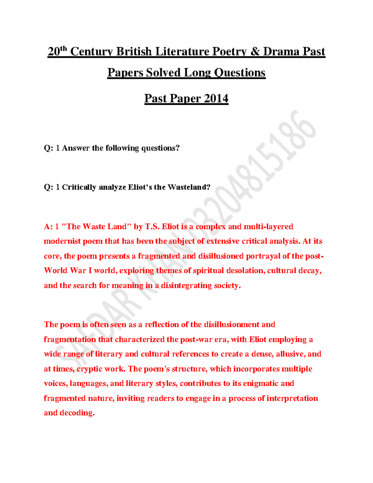 20th Century British Literature: Poetry & Drama Past Paper Q&A ...