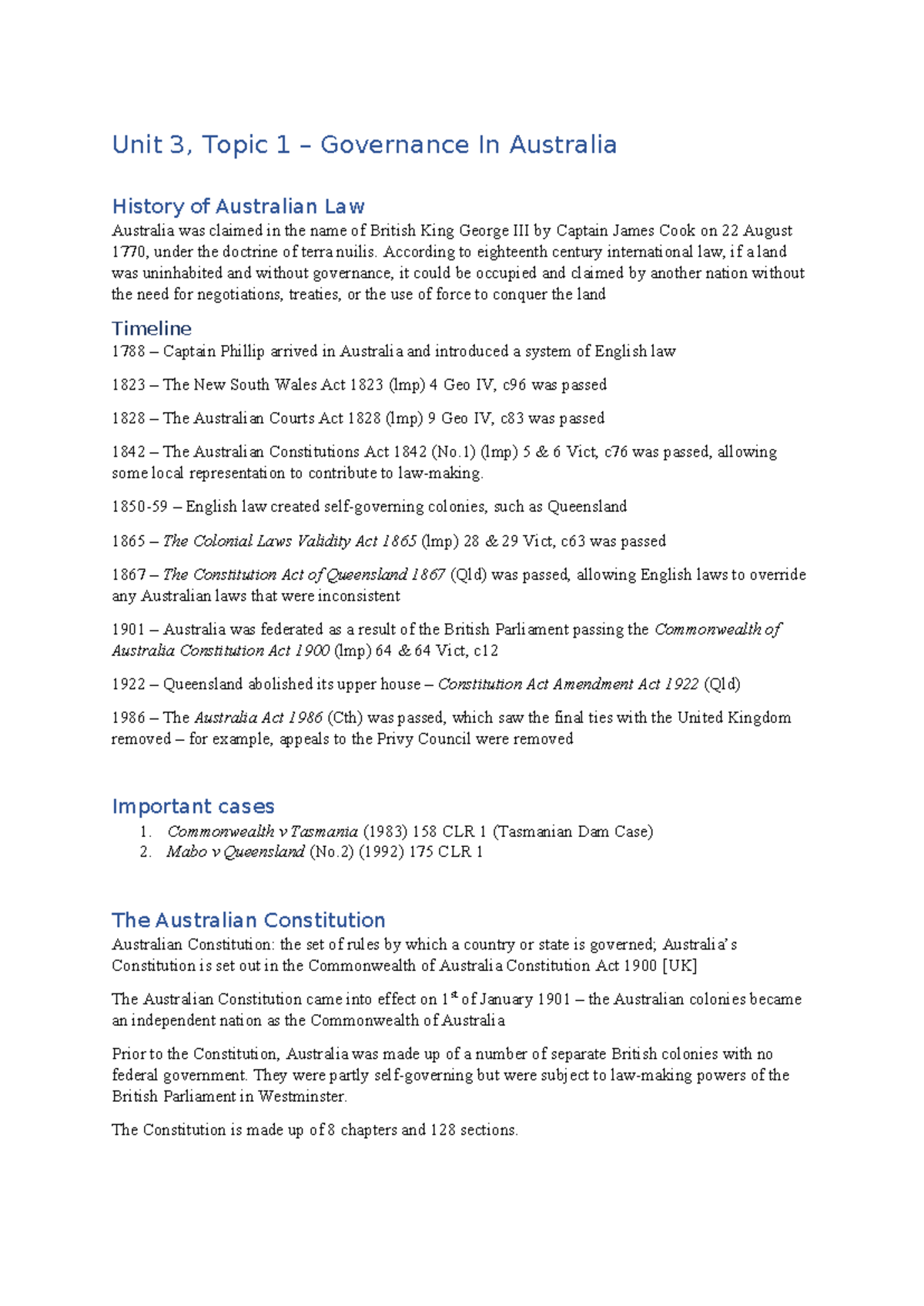 Unit 3, Topic 1: Governance in Australia - Historical Overview - Studocu