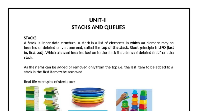 Data Structures: Stacks and Queues - Unit II Notes - Studocu