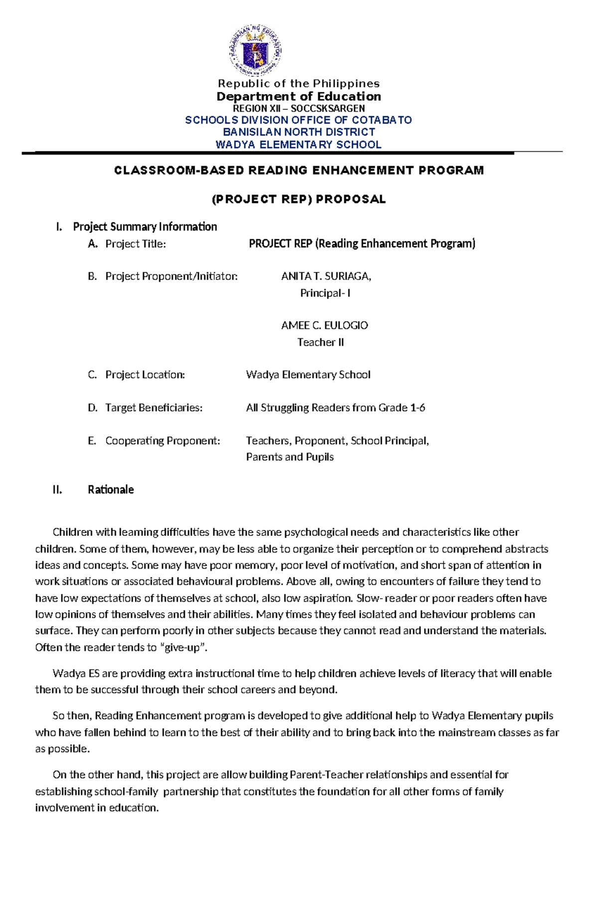 remedial reading project - Republic of the Philippines Department of ...