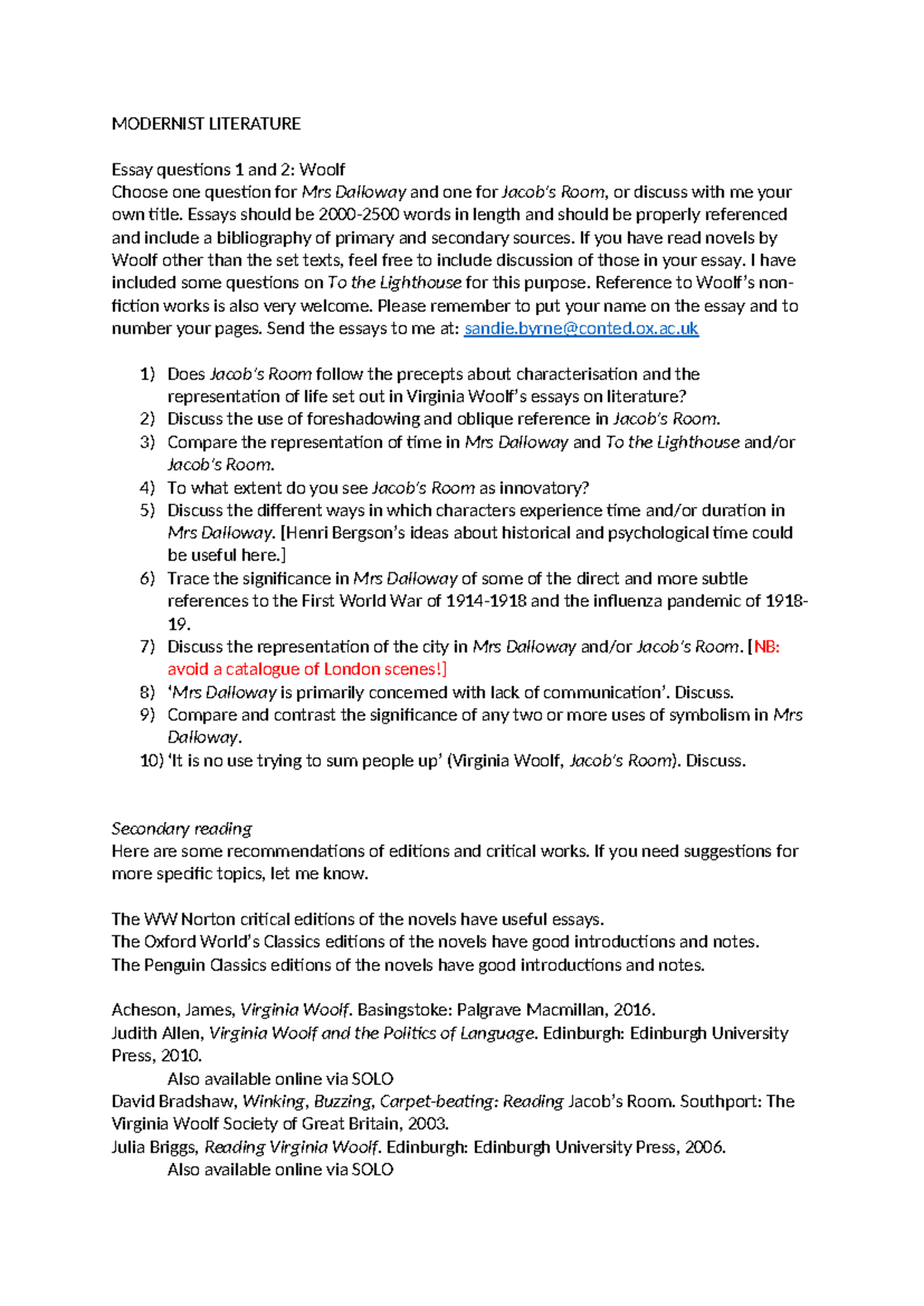 Modernist Literature Essay Questions: Woolf & Eliot Analysis - Studocu