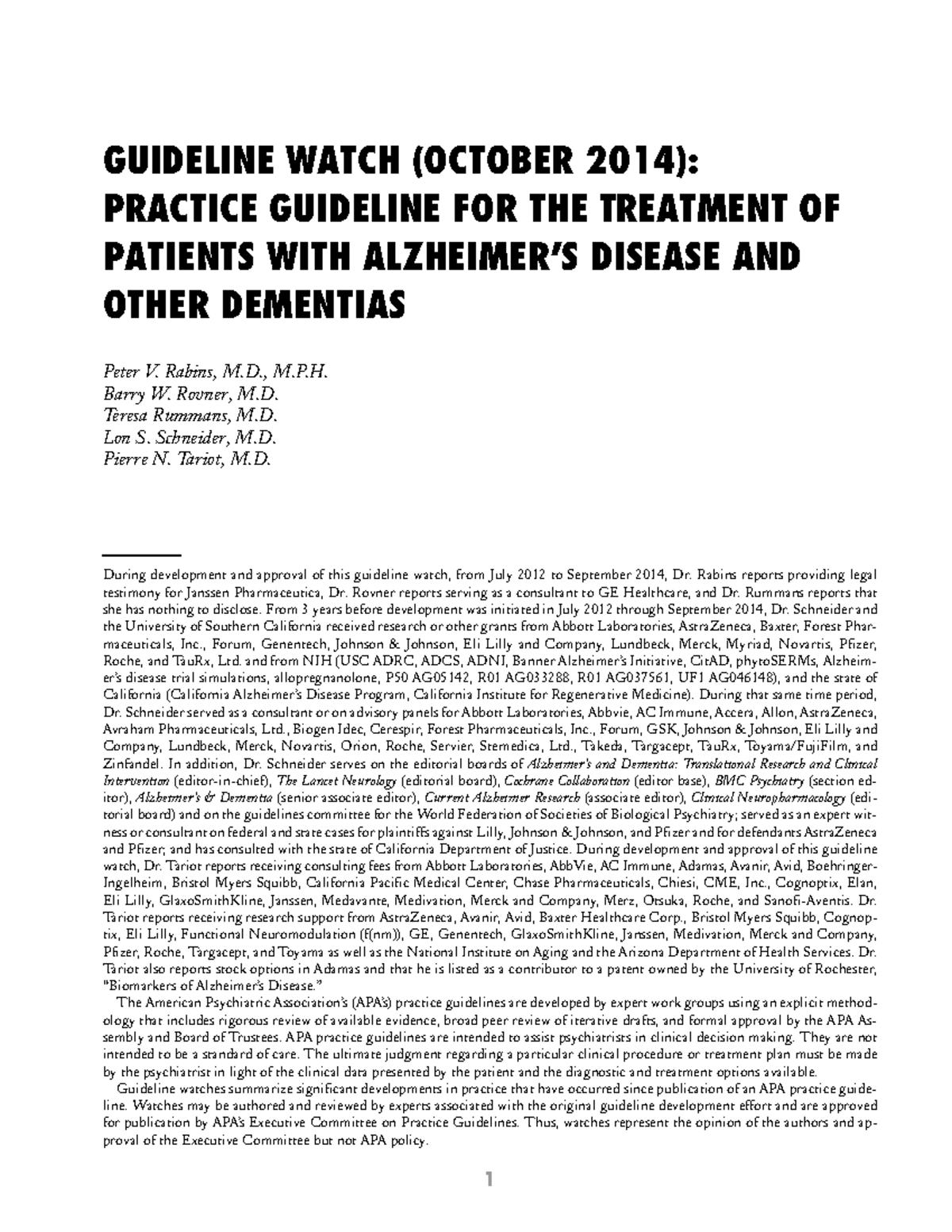 APA Guideline Watch: Treatment of Patients with Disease and Other ...