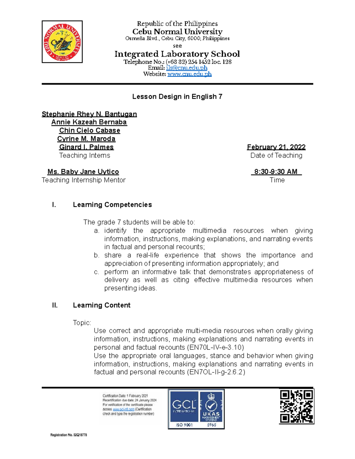 Approved Lesson Design for English 7: Using Multimedia Resources - Studocu