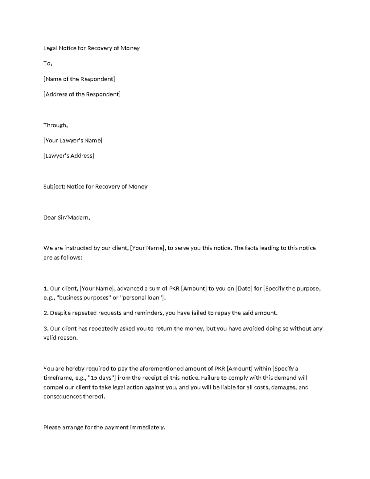 Legal Notice Format for Money Recovery - Studocu