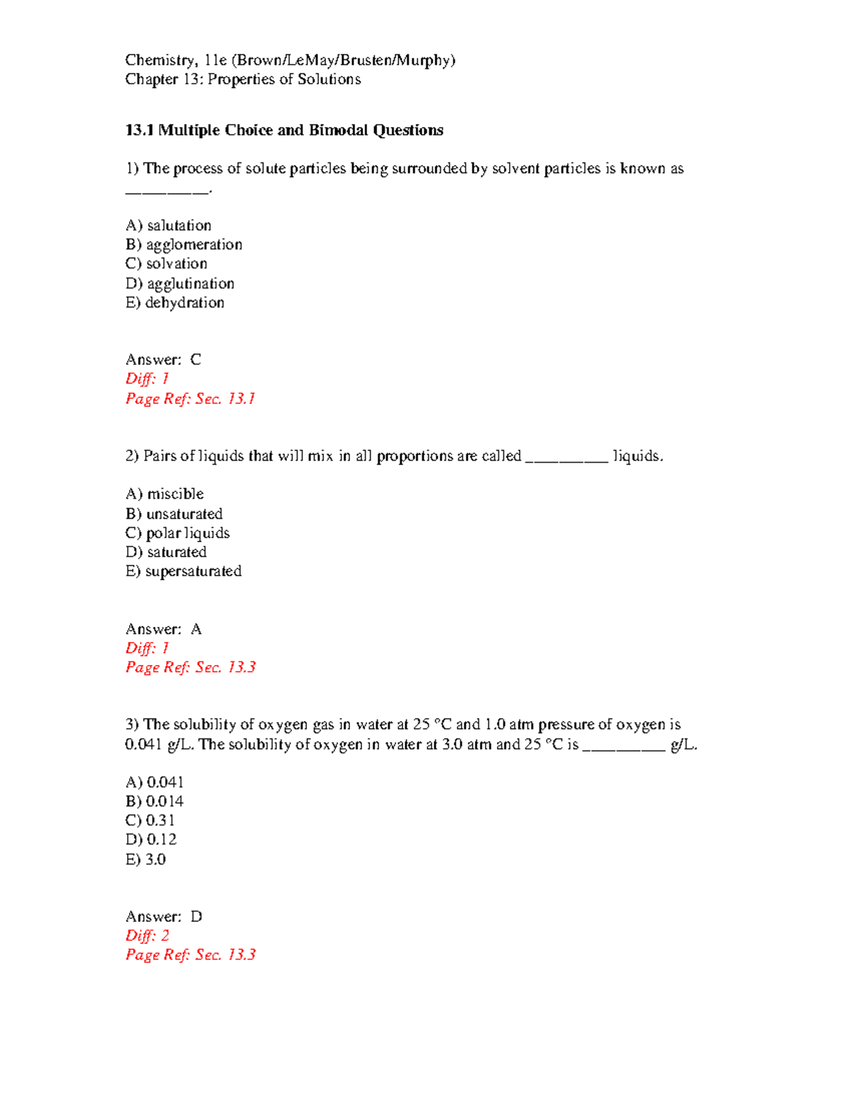 Chemistry 11e Chapter 13: Properties of Solutions Test Bank Questions ...
