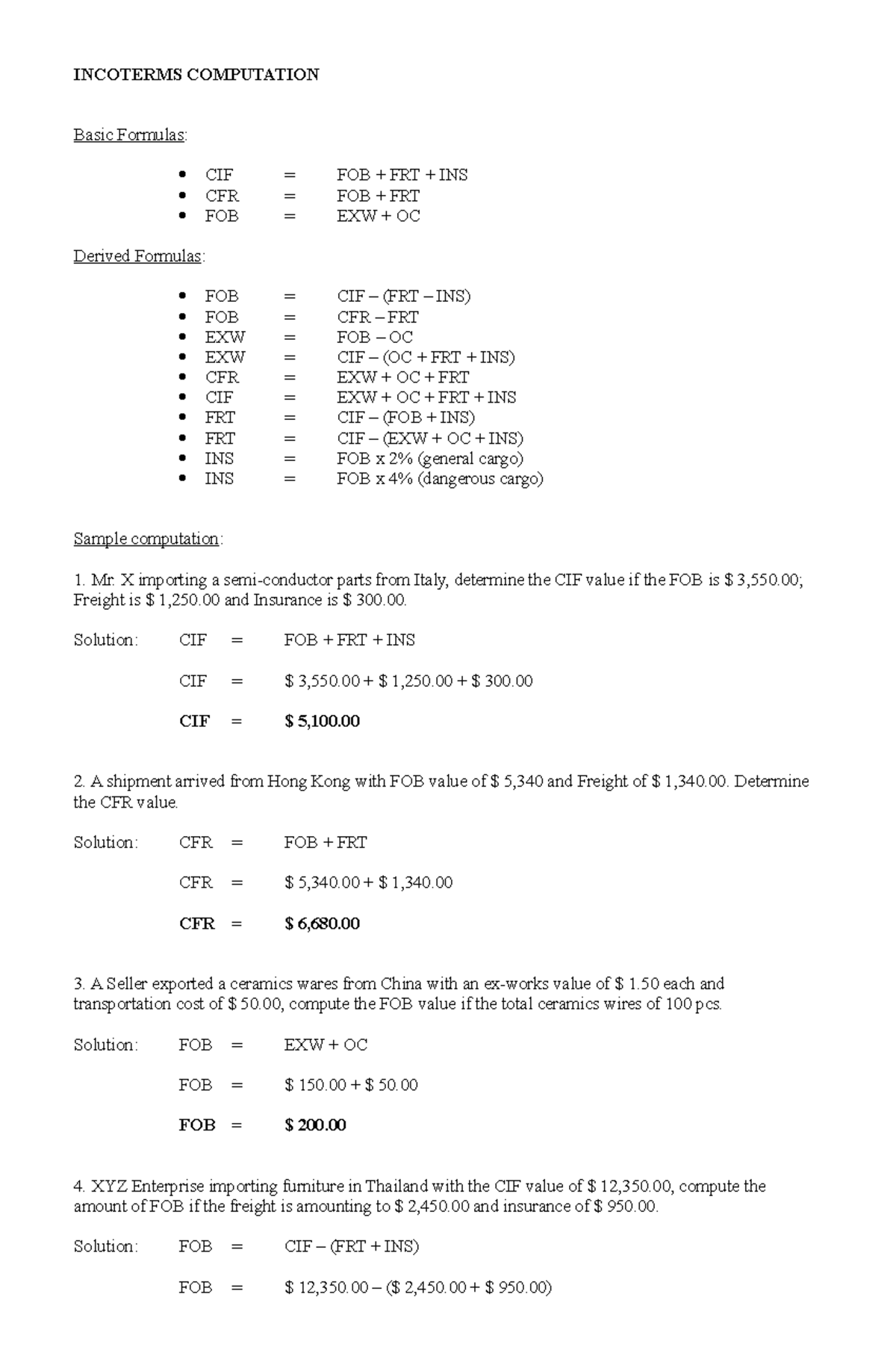 Tariff 5 - Formulaic Guide to INCOTERMS Computation - Studocu