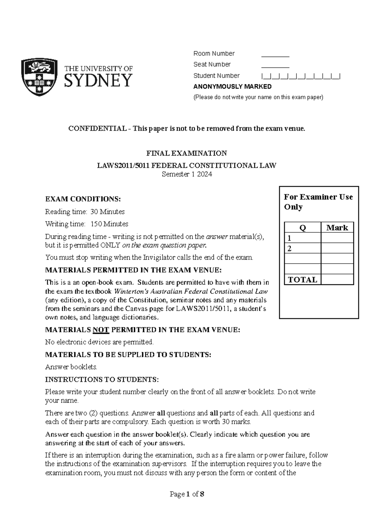 LAWS2011 5011 Final Exam - Federal Constitutional Law 2024 - Studocu