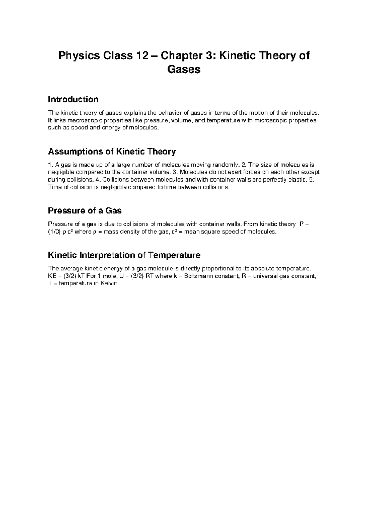 Physics Class 12 Chapter 3: Detailed Kinetic Theory of Gases - Studocu