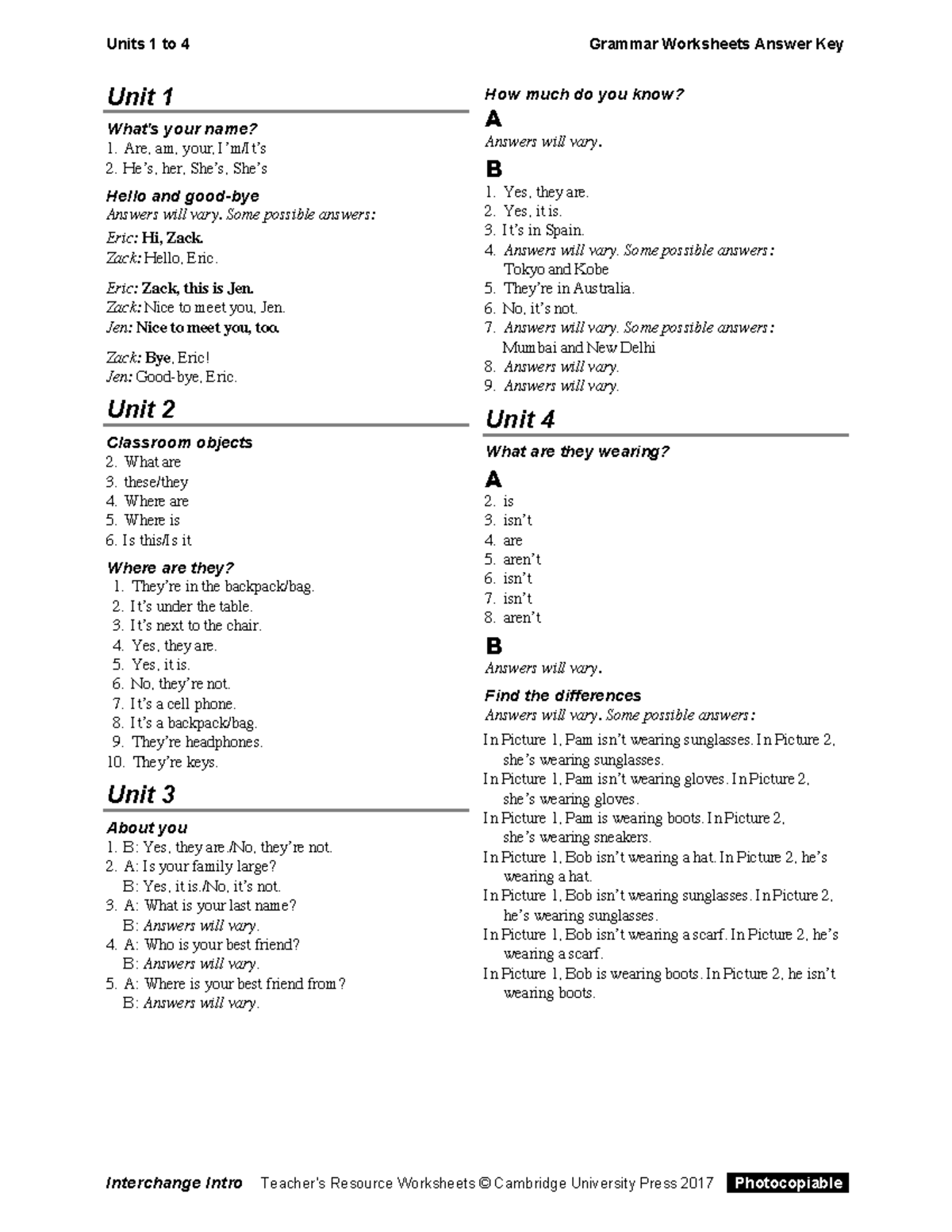Interchange 5th Ed Intro Level Grammar Worksheets Answer Key - Unit 1 What's your name? Are, am ...