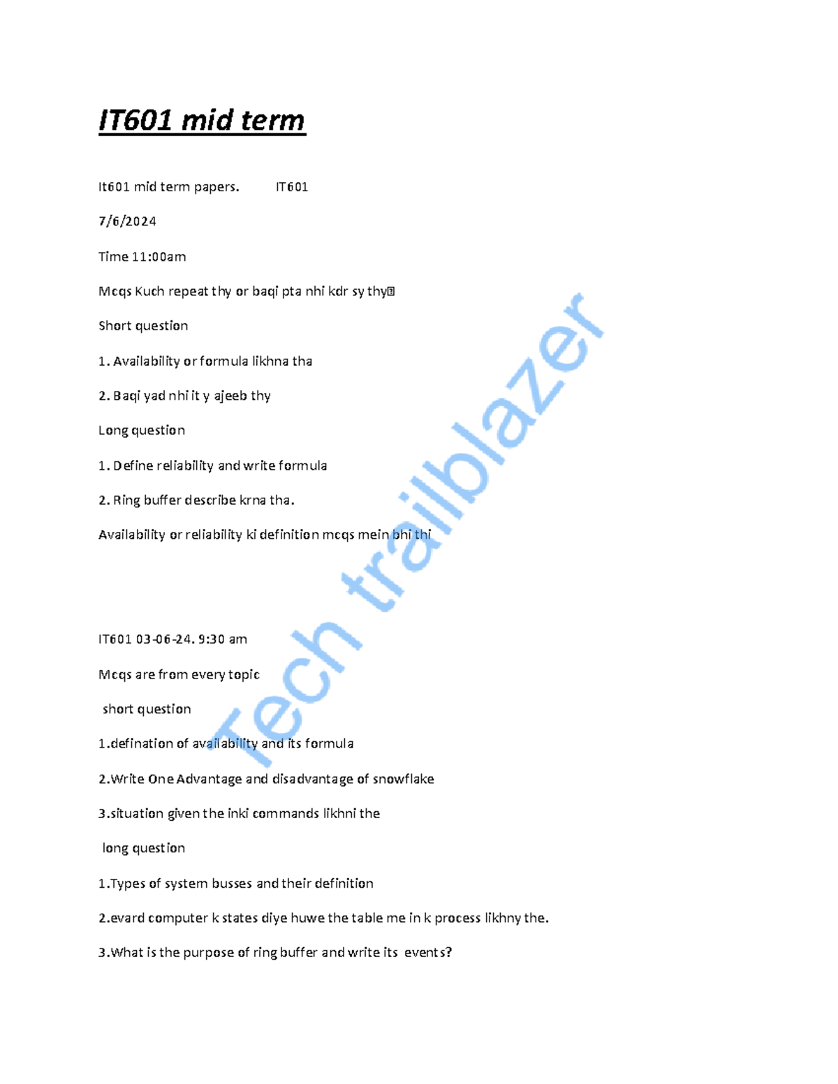 Midterm Exam Papers for IT601, CS636, CS521, CS505, CS627, IT602, and ...