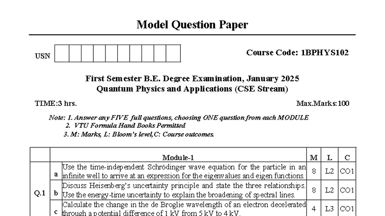 1BPHYS102 - Model Question Paper for Quantum Physics Exam - Studocu
