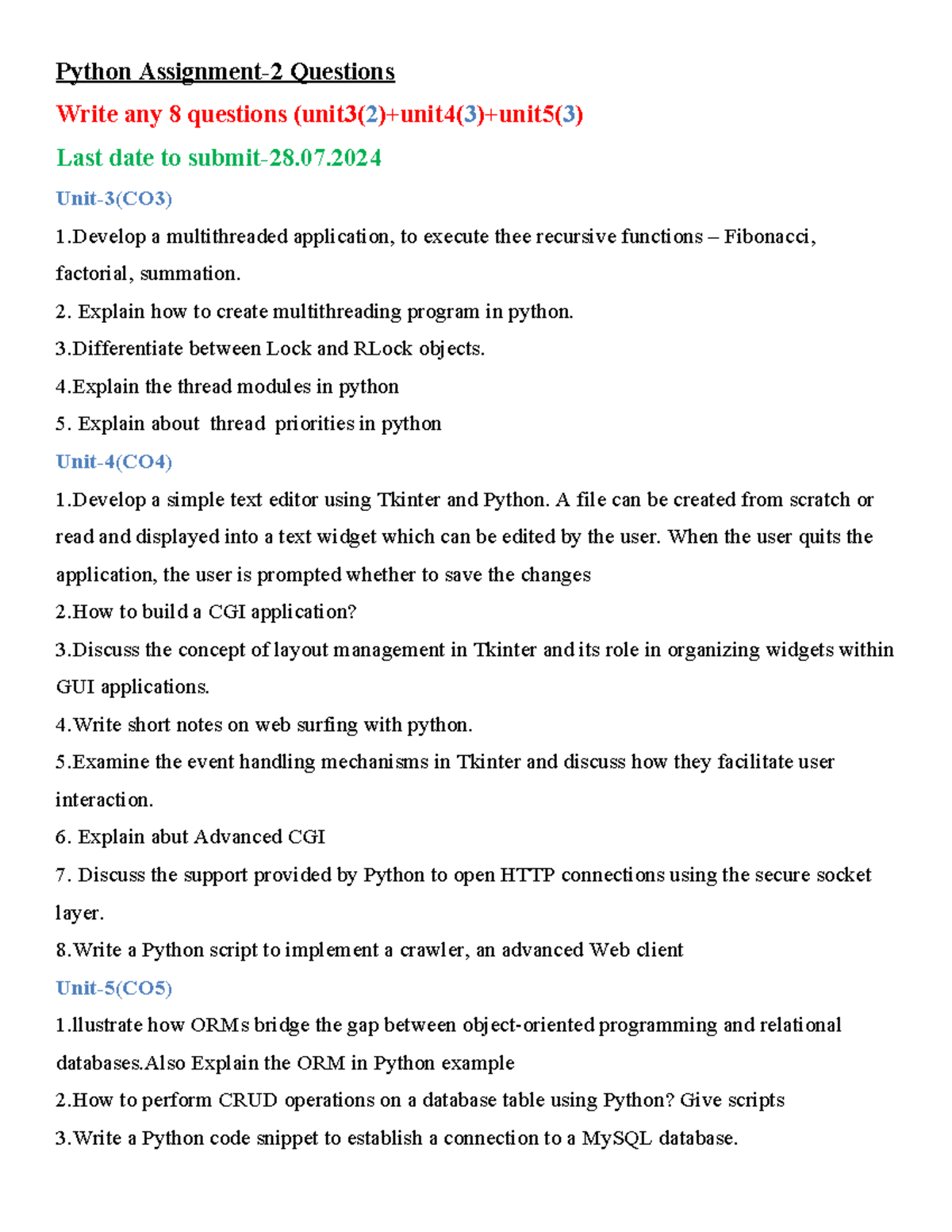 Python Assignment (CO3, CO4, CO5) on Exception Handling & OOP Concepts - Studocu