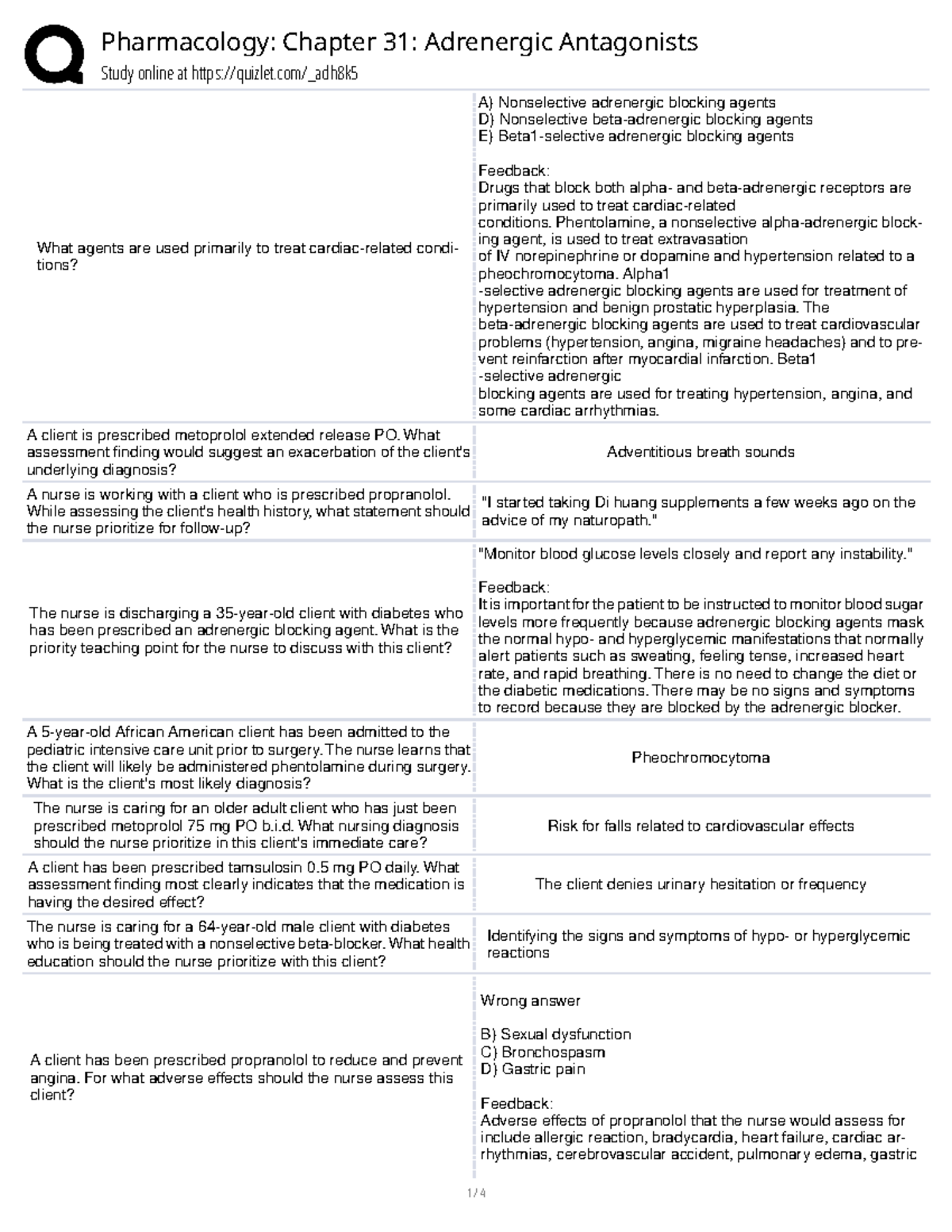 Pharmacology: Chapter 31 - Adrenergic Antagonists Study Questions - Studocu