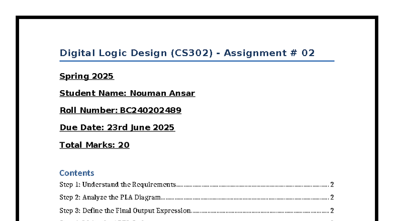 CS302 Digital Logic Design Assignment 02 Solution - Studocu