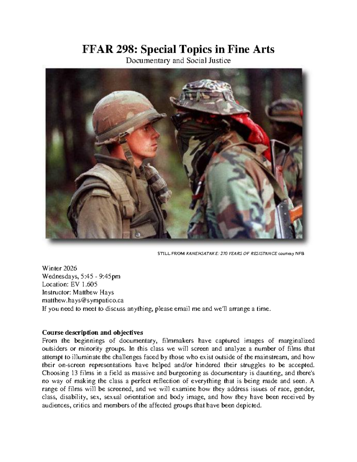 FFAR 298: Winter 2026 Course Outline on Documentary & Social Justice ...