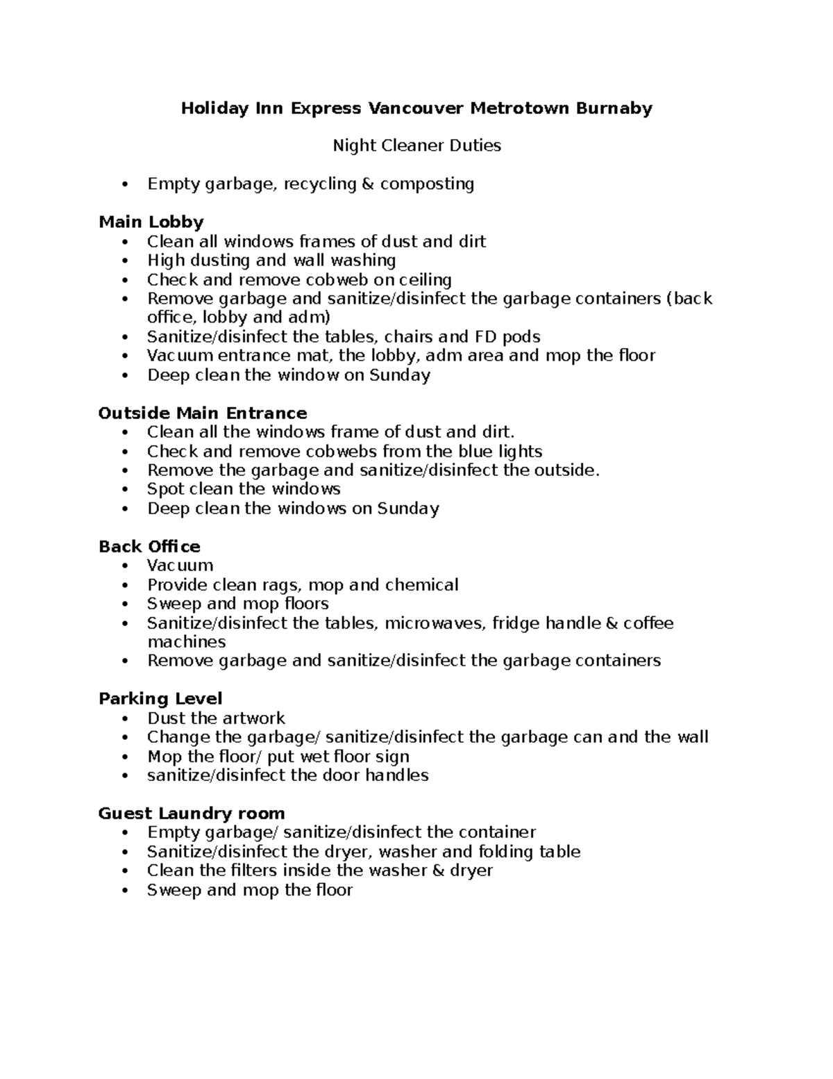 Night Cleaner Duties - LECTURE: Holiday Inn Express Vancouver Metrotown ...