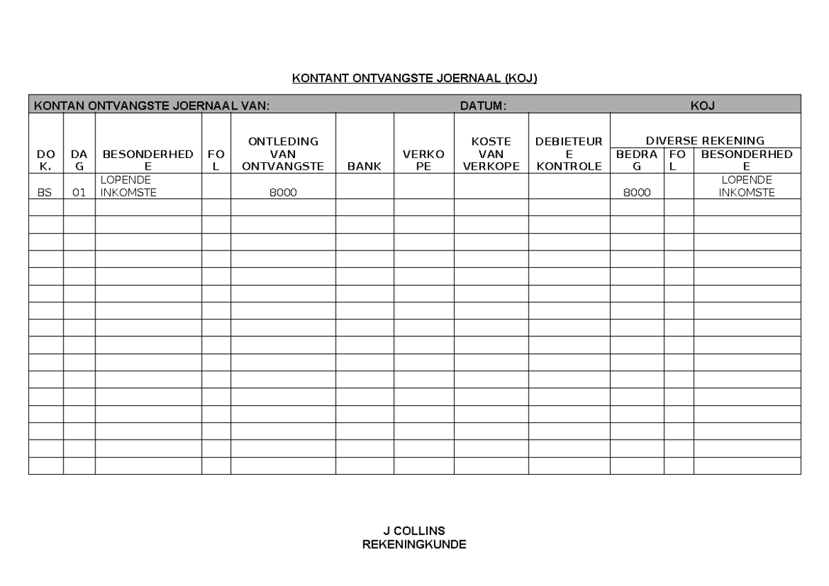 Kontantontvangstejoernaal - Kal2065 - KONTANT ONTVANGSTE JOERNAAL (KOJ ...