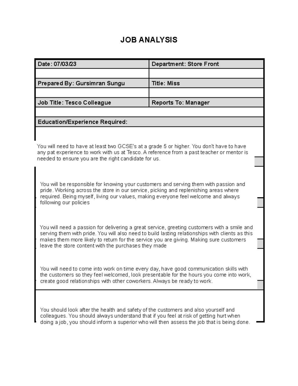 Job Analysis for Tesco Colleague - D573 Business Document - Studocu
