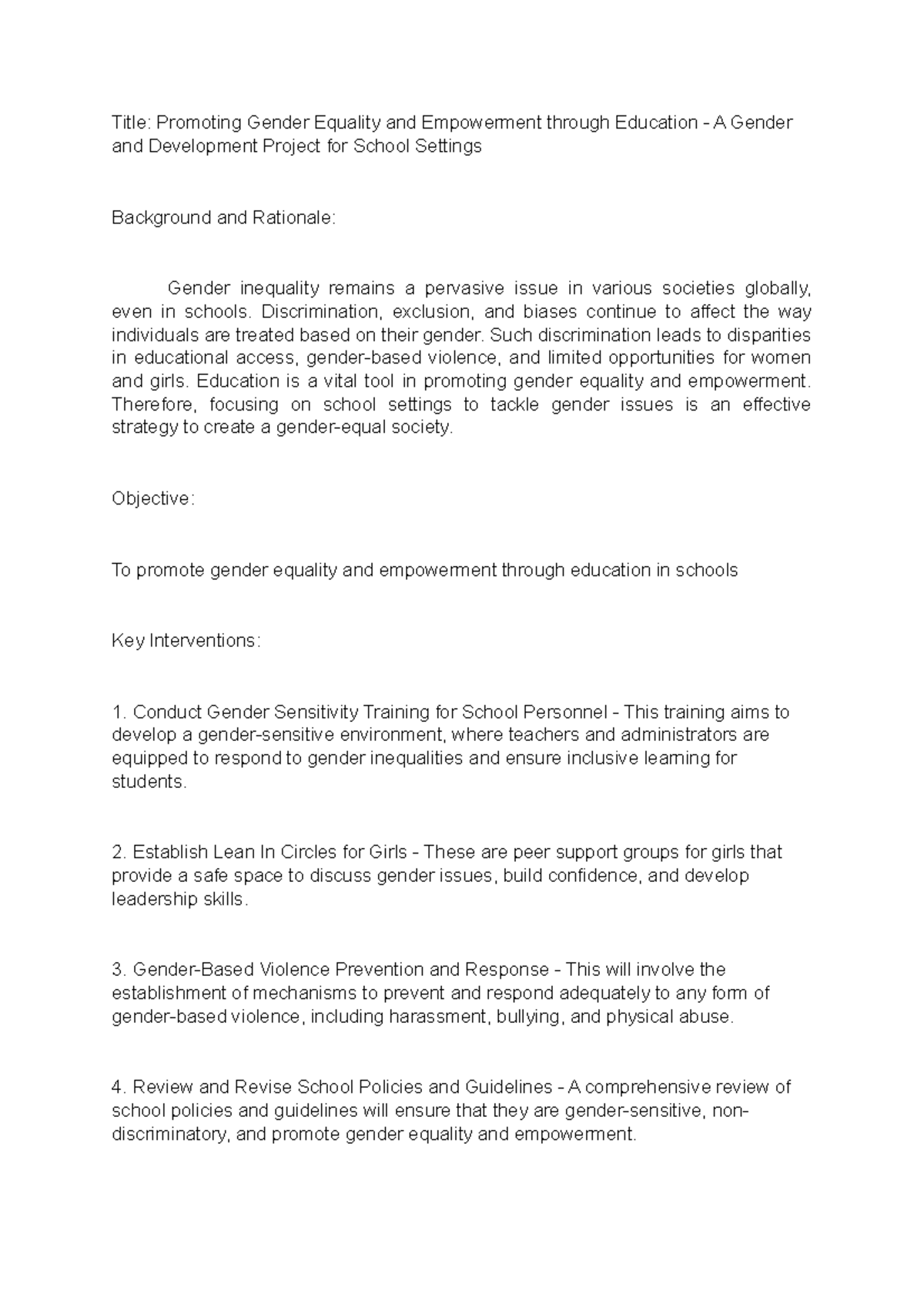 GAD 2023 Project Proposal: Promoting Gender Equality in Schools - Studocu