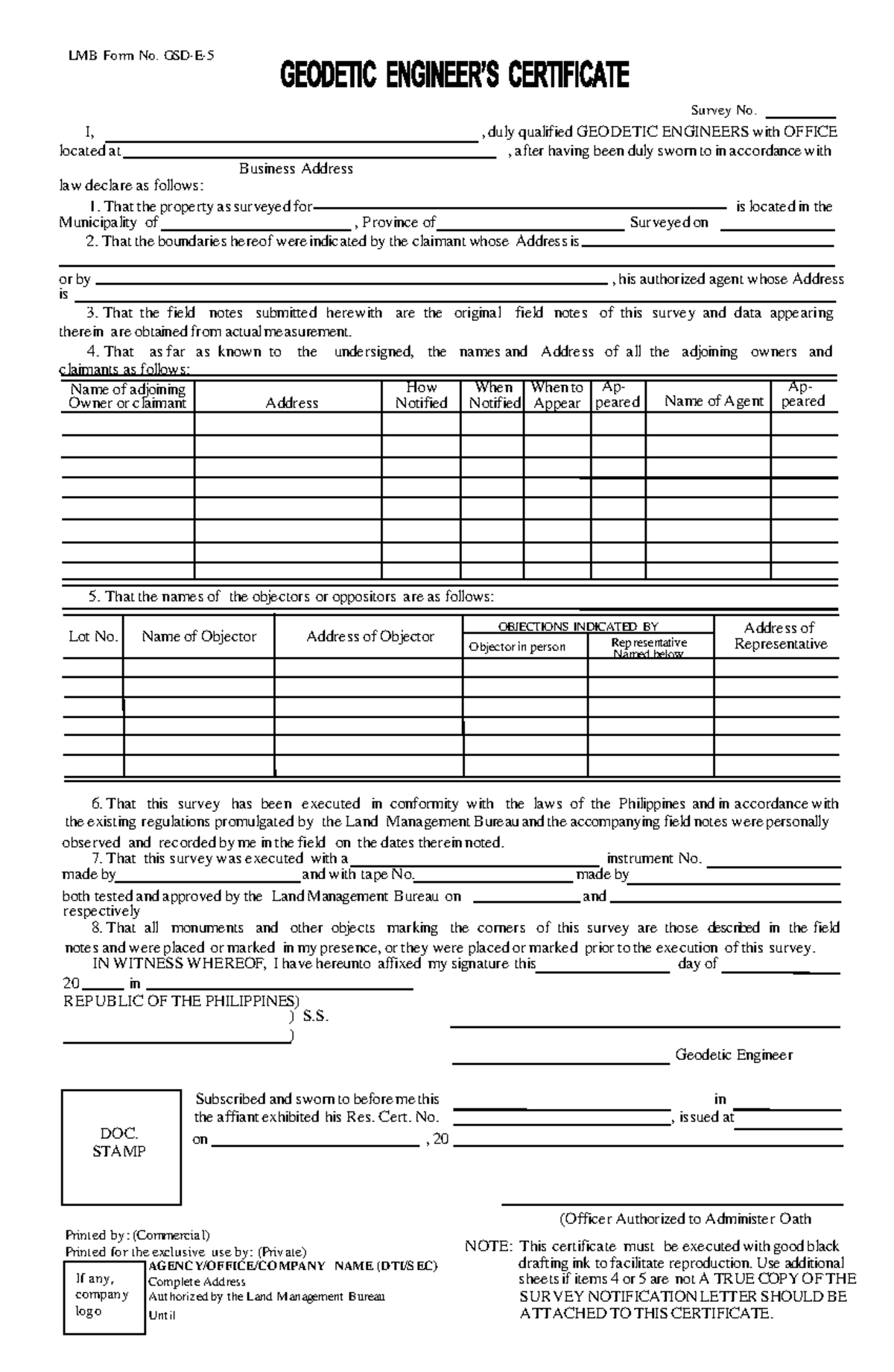 LMB Form No. GSD-E-5: Geodetic Engineer Survey Certification - Studocu
