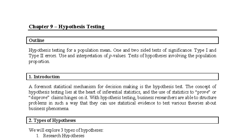 Chapter 9: Hypothesis Testing Overview and Key Concepts - Studocu